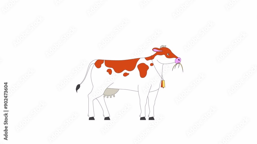 Dairy cow munching grass line 2D character animation. Agricultural farm ...
