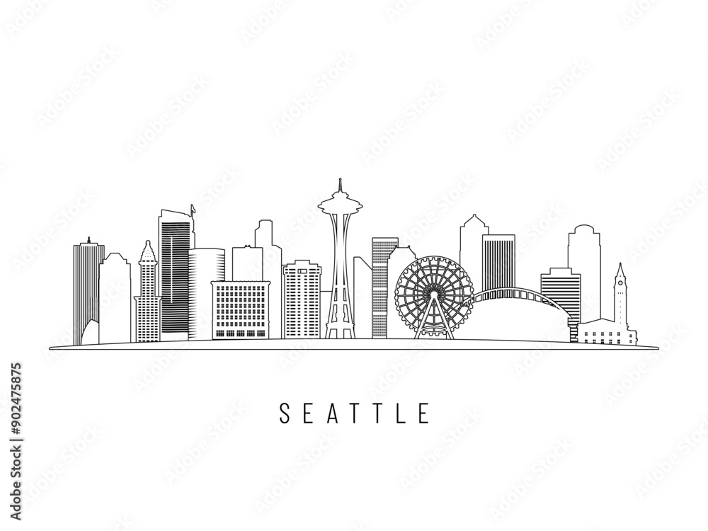 Detailed Seattle skyline vector illustration. Seattle buildings in line ...
