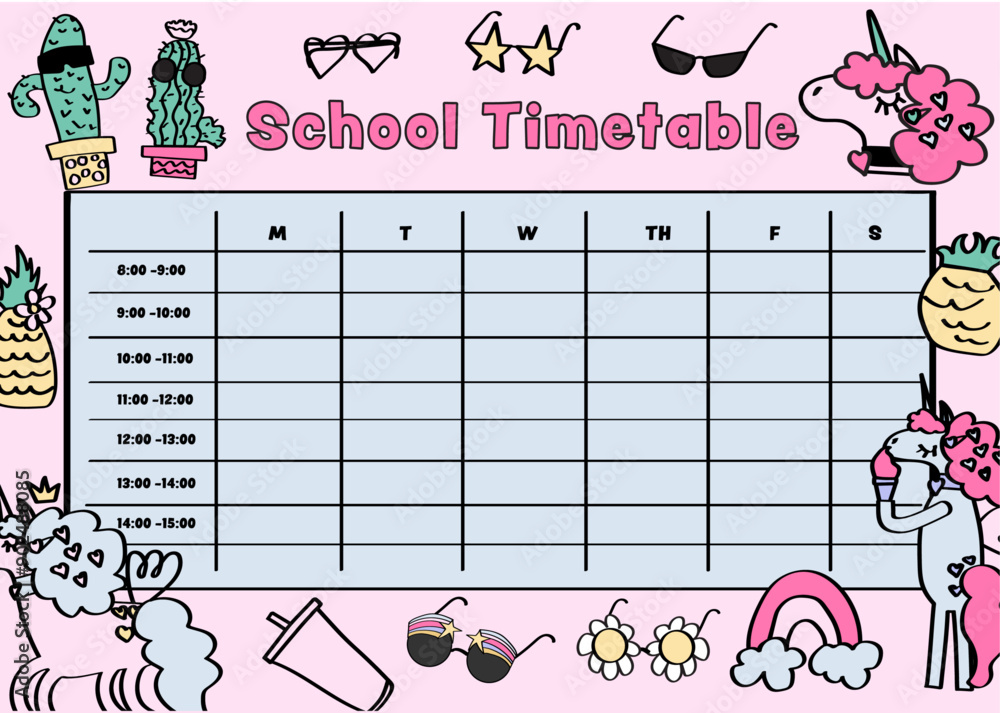 Cute girly trendy elements on a kid's school timetable for elementary ...