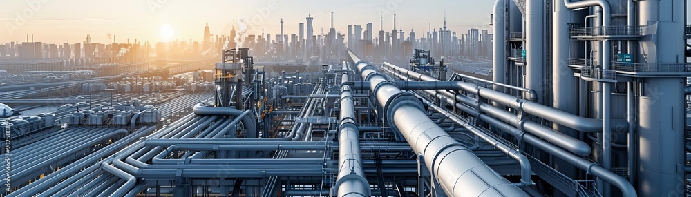 A futuristic cityscape with water infrastructure, including pipes and ...