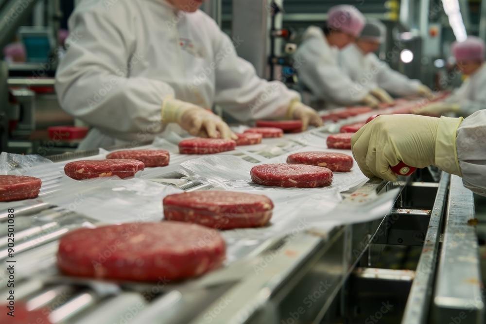 Industrial scene showing workers sealing beef patties in plastic ...