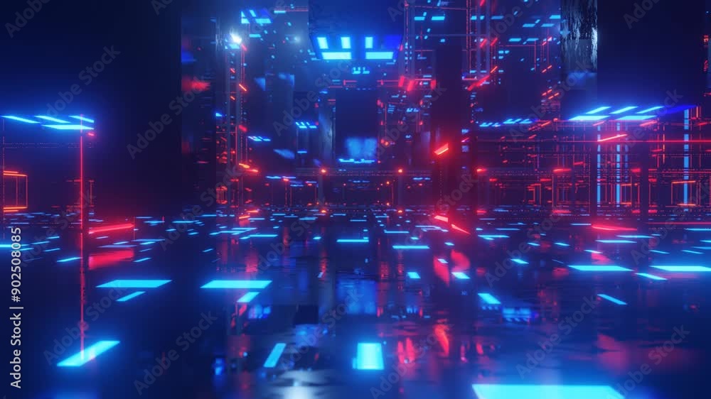 Hi-tech neon sci-fi tunel. Trendy neon glow lines form pattern and ...