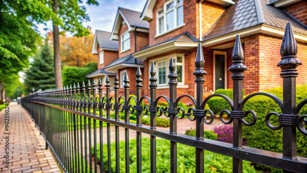Wrought iron fencing surrounding a house from a tilted angle, garden ...