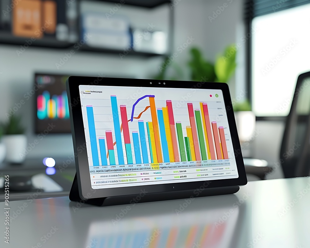 A modern office desk with a digital tablet displaying a multi-year ...