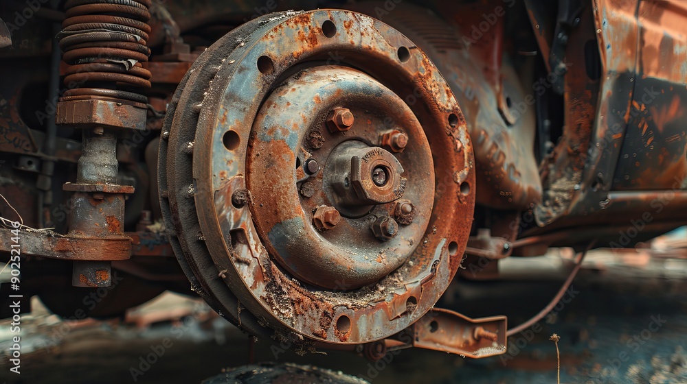 parts of the suspension on an old, rusty car. The car's disc brakes and ...