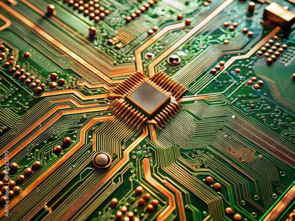 Delicate copper pathways etched on a green motherboard reveal the ...