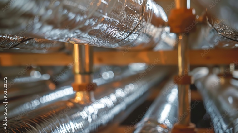 pipes covered in foil and an insulating layer. brown valve-equipped ...