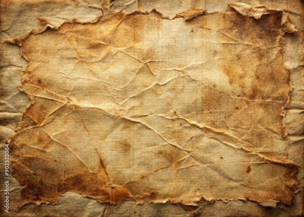 Weathered, worn, and torn, the aged paper background features a ...