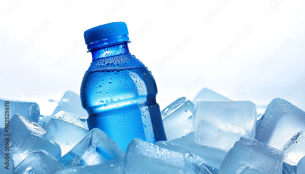 Extreme close-up of a cold plastic bottle of water on ice cubes ...