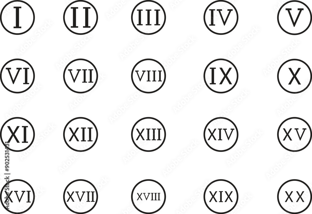 Roman numerals icons Set. Roman numerical numbers from 1 to 20 types ...