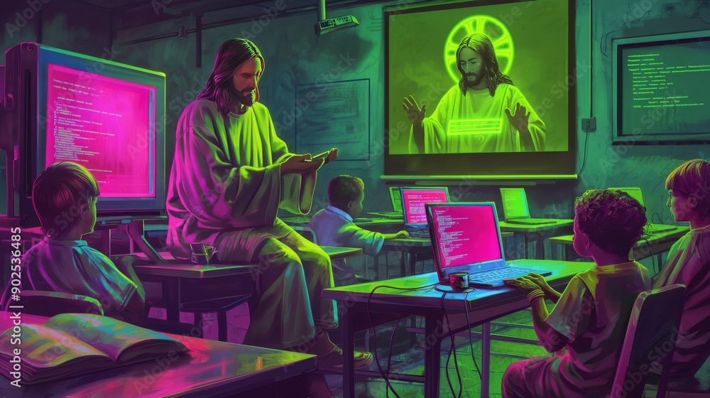 jesus teaching in a cyberpunk-themed classroom with neon green style ...