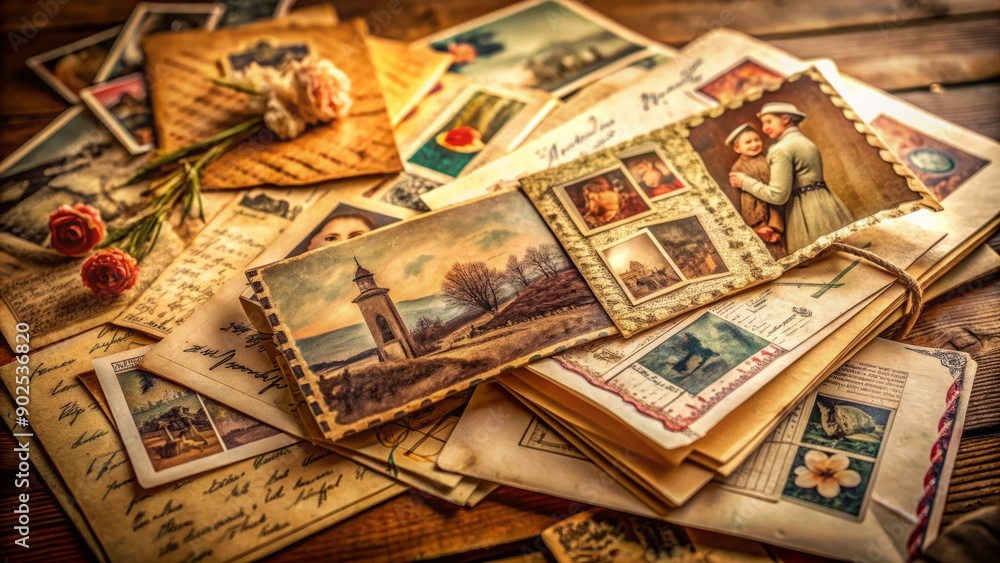 Retro postcards, distressed stamps, and handwritten letters are ...