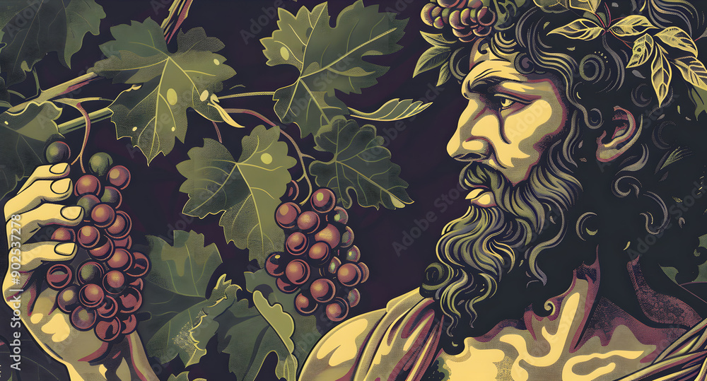 ภาพประกอบสต็อก Greek god and goddess Dionysus illustration, Dionysus is the god of the grape ...