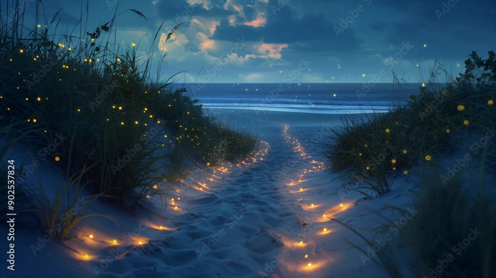 fireflies lighting a path to the beach, Beach at night, glowing ...
