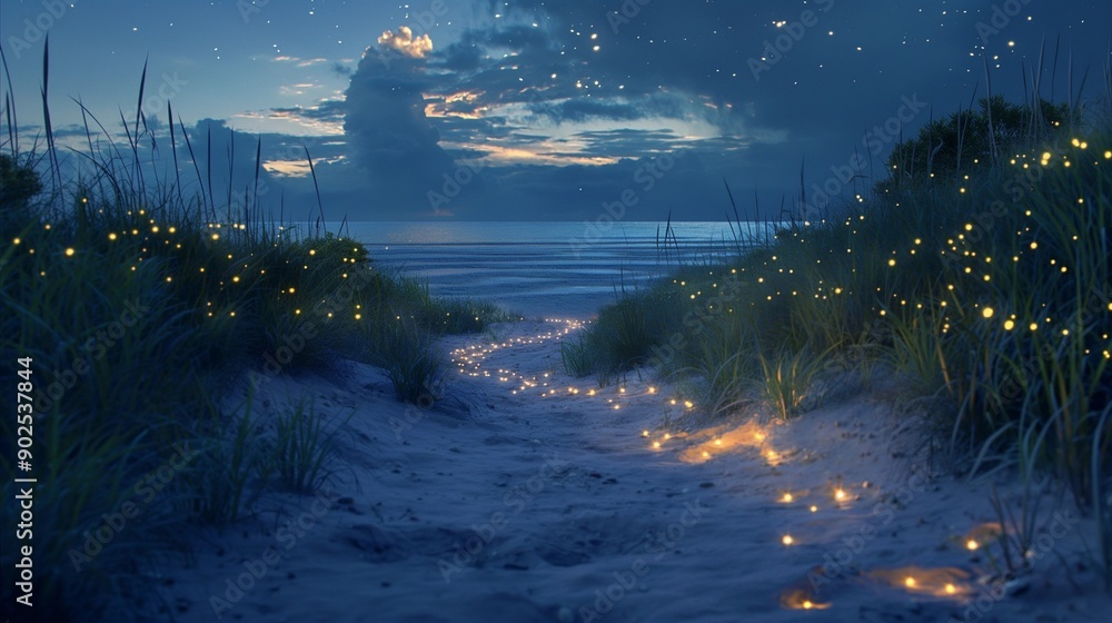 fireflies lighting a path to the beach, Beach at night, glowing ...