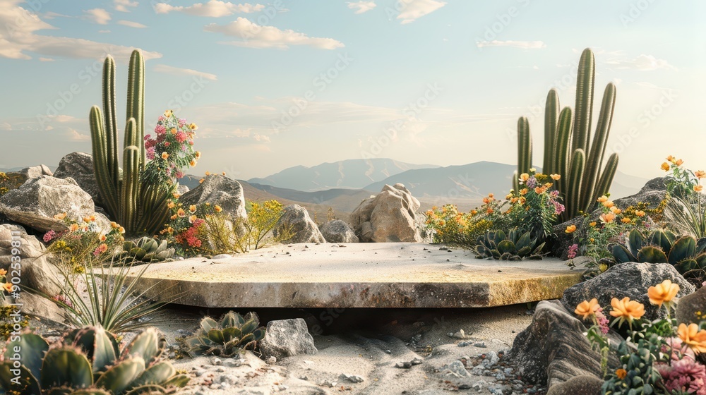 Podium with dry riverbed and desert bloom motifs, desert oasis theme, natural and resilient ...