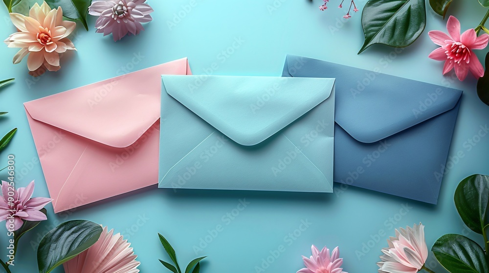 Three envelopes with different colors and designs sit on a blue ...