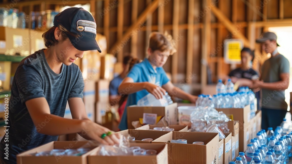 Volunteers Arranging Donated Food and Water at Community Center ...