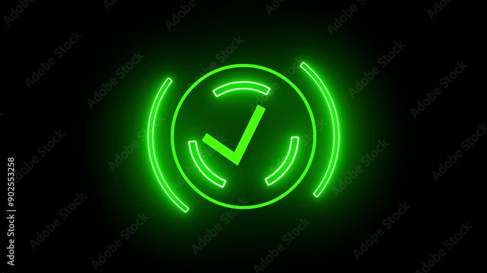 Neon glowing tick mark icon animated on a black background.green tick ...