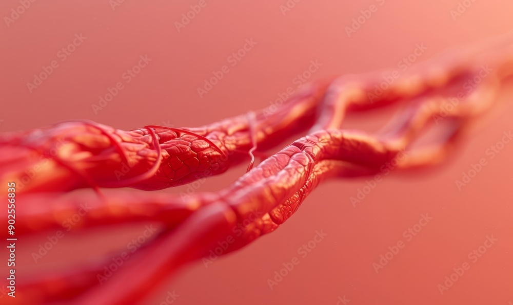 close-up macro view of red blood vessels, arteries, veins, human ...