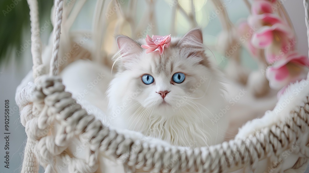 cute ragdoll cat with blue eyes and white and gray fur with a pink bow ...