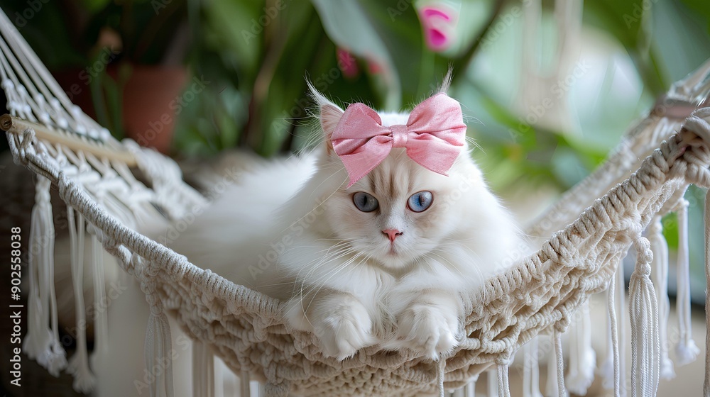 cute ragdoll cat with blue eyes and white and gray fur with a pink bow ...
