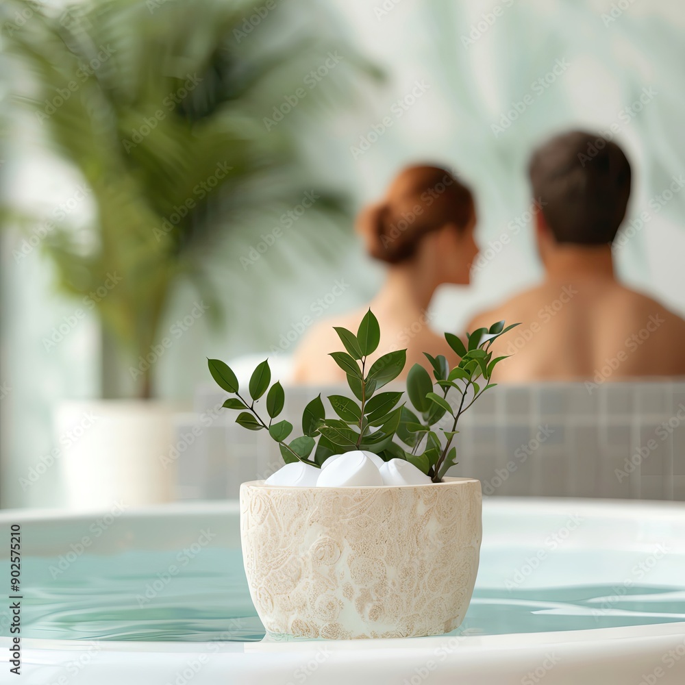 Relaxing spa scene featuring a serene couple enjoying a tranquil moment ...