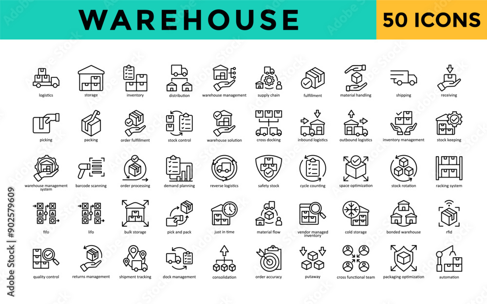 Warehouse icons set with logistics, storage, inventory, distribution ...
