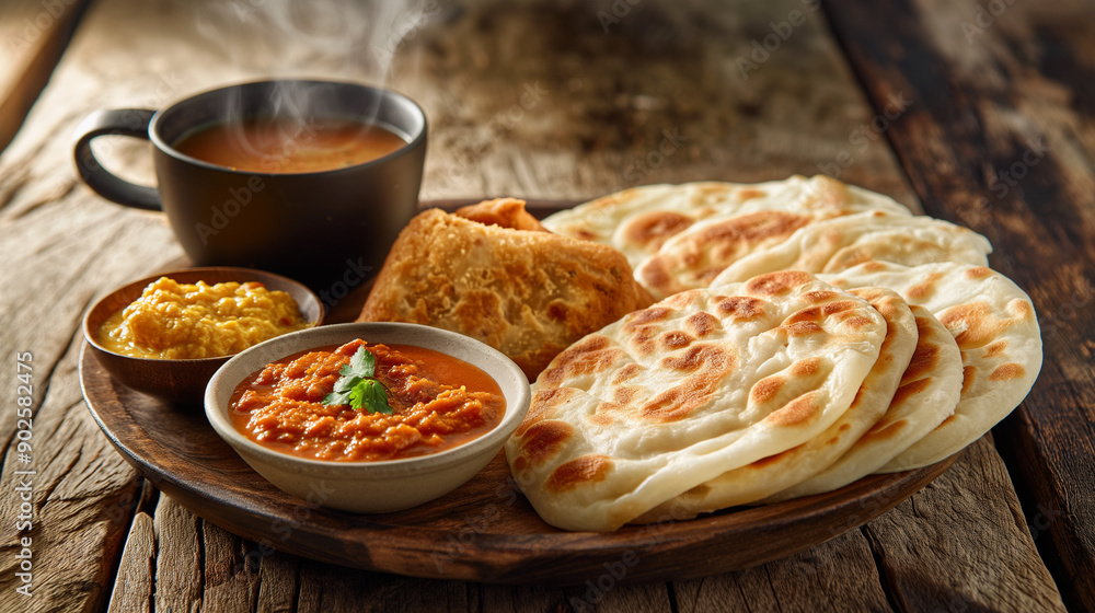 A classic scene of roti canai being served with a side of dhal curry, a ...
