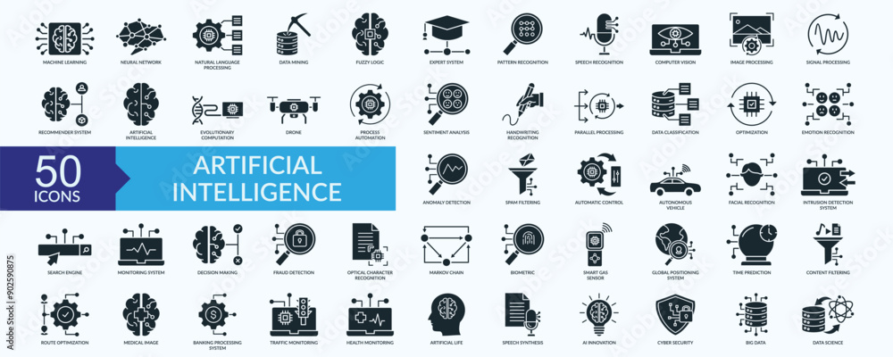 Artificial intelligence icon collection set with machine learning, neural network, speech ...
