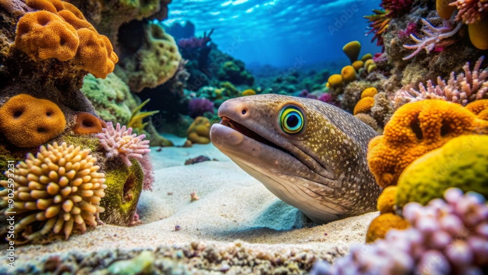 Sandy ocean floor landscape featuring a solitary garden eel peeking out ...