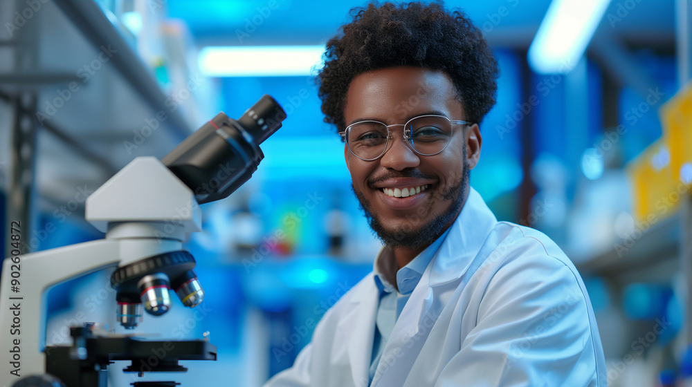 Smiling researcher with microscope in a laboratory. A happy scientist ...