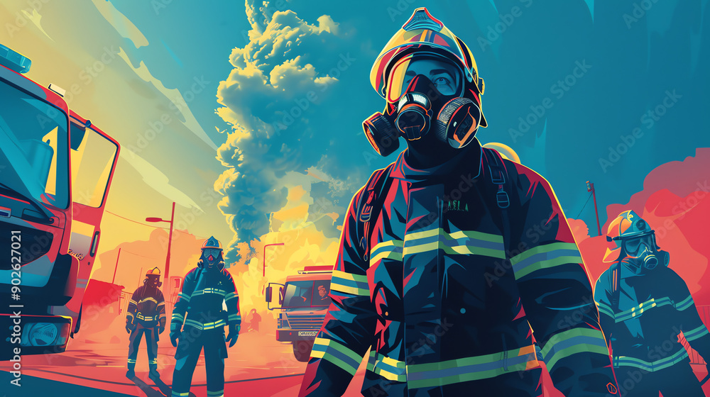 The image shows a group of firefighters in full gear battling a large ...