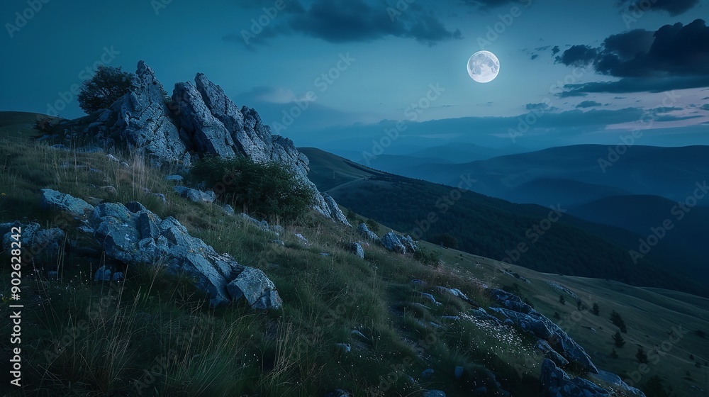 stony structure on a verdant slope. Gorgeous view of Runa Mountain ...