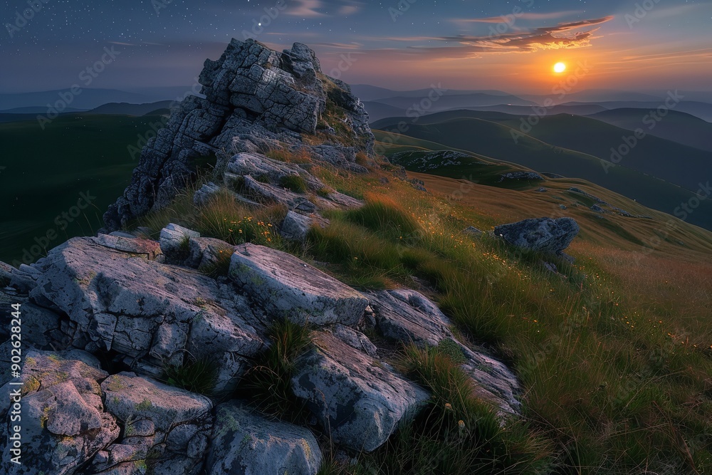 stony structure on a verdant slope. Gorgeous view of Runa Mountain ...