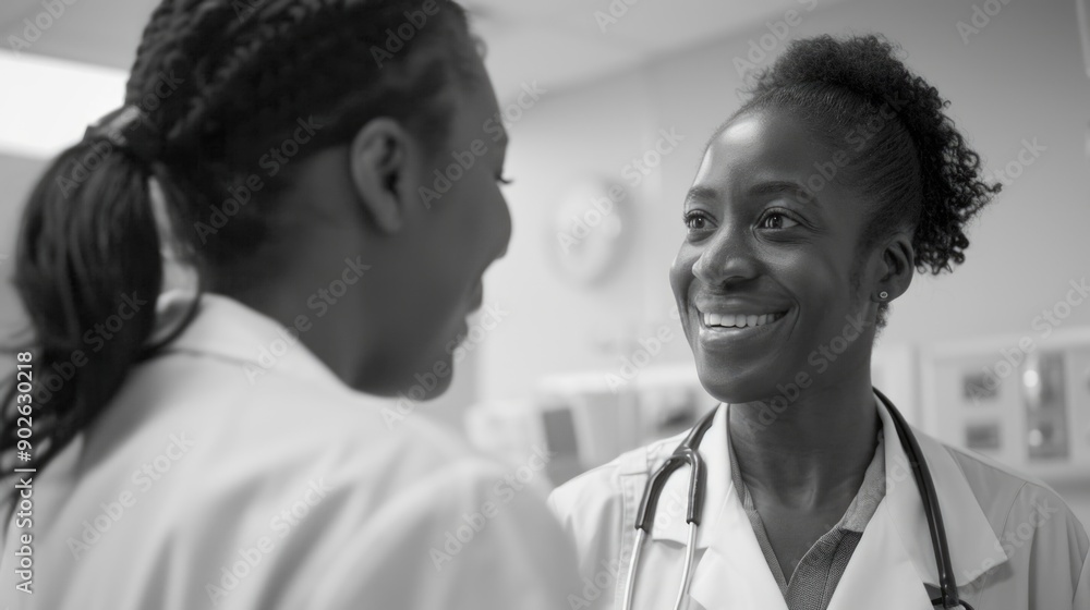Two women are smiling at each other in a hospital setting. They are ...