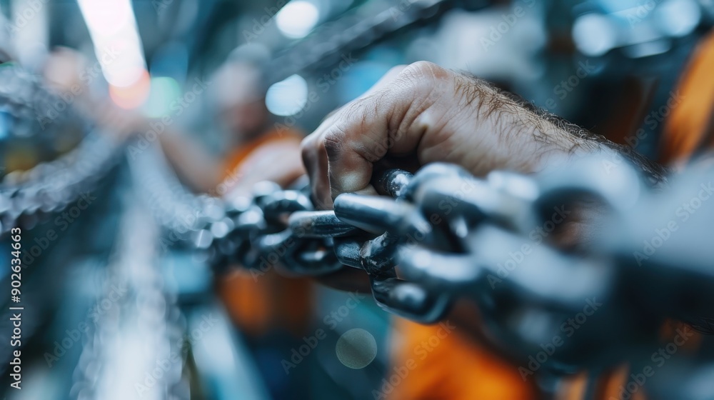 Detailed image showing hands gripping heavy metal chains in an ...