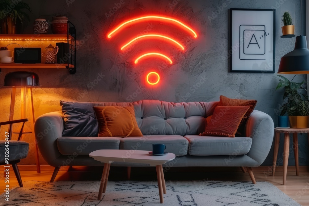 Modern living room with a glowing Wi Fi symbol illustrating the fusion ...