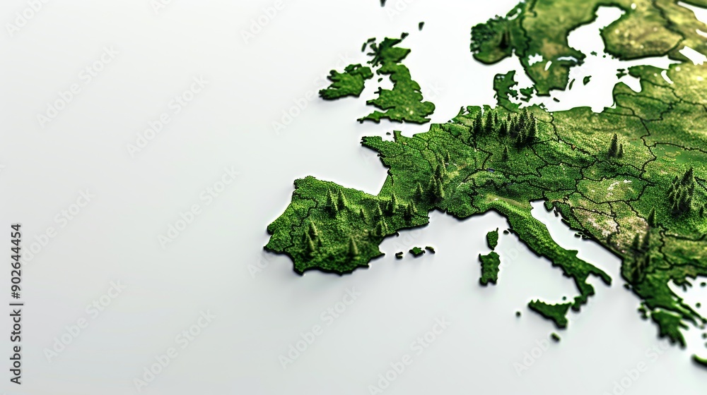 A detailed map of Europe showcases green regions that symbolize ...