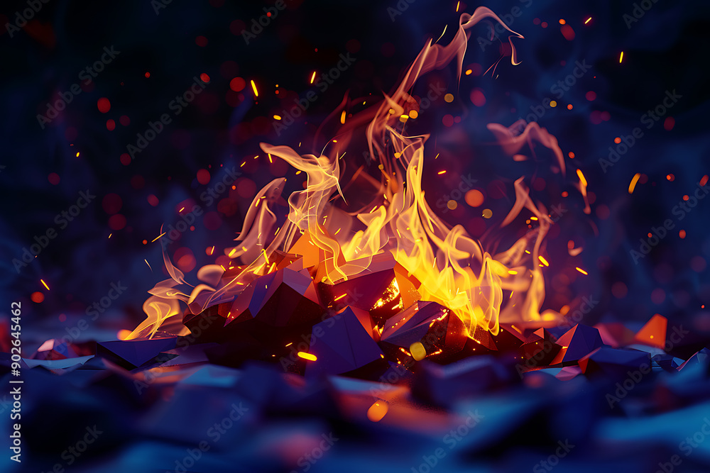 An illustration of fire in 3D low poly style. The design features ...