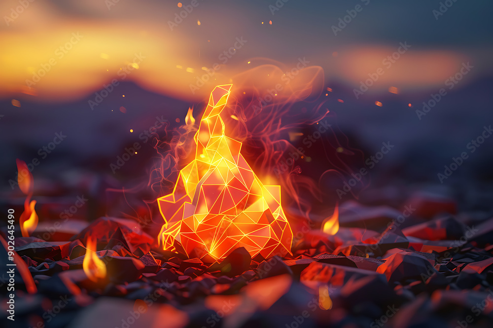 An illustration of fire in 3D low poly style. The design features ...