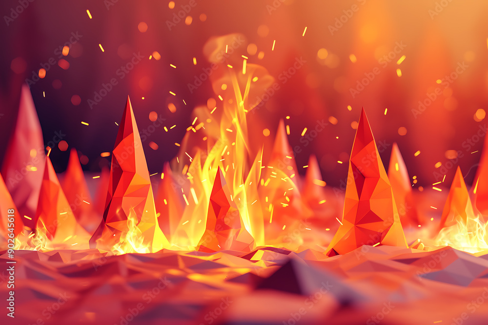 An illustration of fire in 3D low poly style. The design features ...