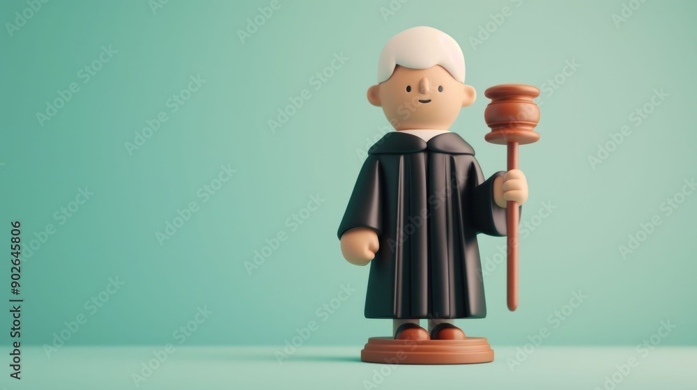 Cartoon 3D of a judge figure holding a wooden gavel and wearing a ...