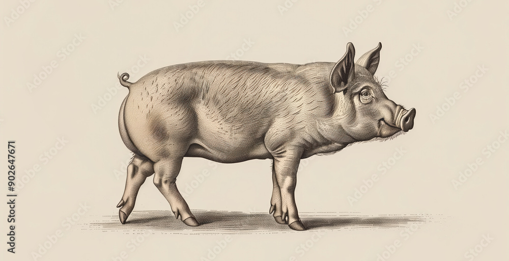 Pig, hog, boar. Vintage retro print, black white pig sketch ink pencil ...