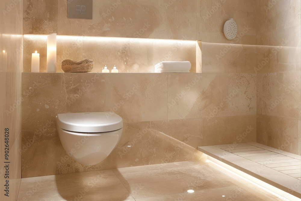 Contemporary Beige Tiled Bathroom Interior with Wall-Hung Toilet Design ...
