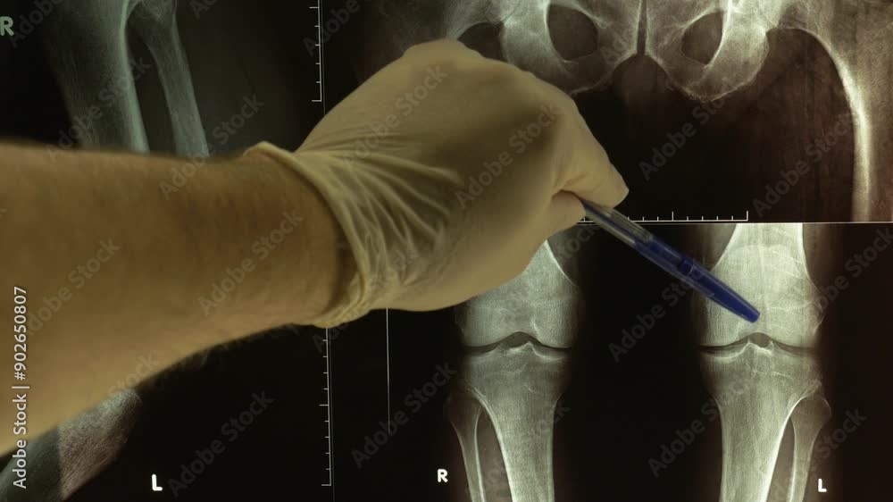 A doctor shows a problem in a patient's left and right knee joints on x ...