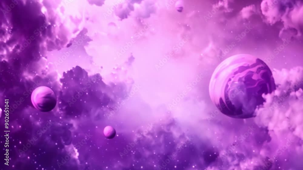 A watercolor painting depicting a space scene with pink and purple ...