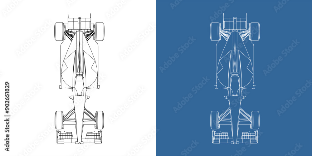 Top view of racing car line art draw blueprint wireframe. isolated on ...