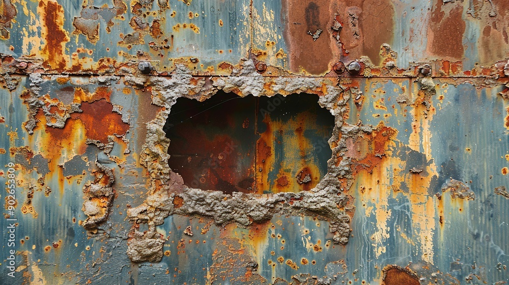 Old rusted metal sheet wall with a hole illustrating the concept of ...
