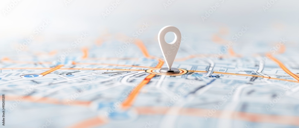 Eye-catching map marker on a physical map, marking a well-defined ...